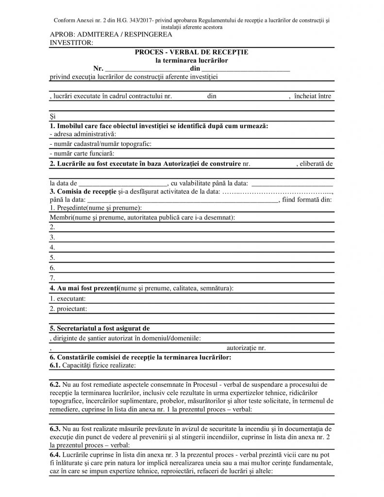 Descarcă Model Proces Verbal Recepție Lucrări H.G. 343/2016 - .doc și ...